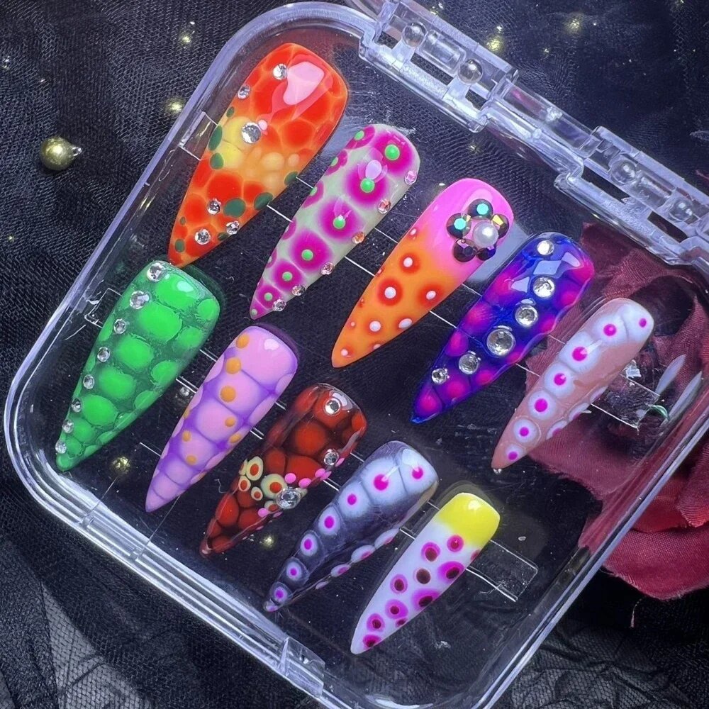 10 шт, накладные ногти MINISO, готический темный панк, металлическая 8, XS-14-10-11-10-8