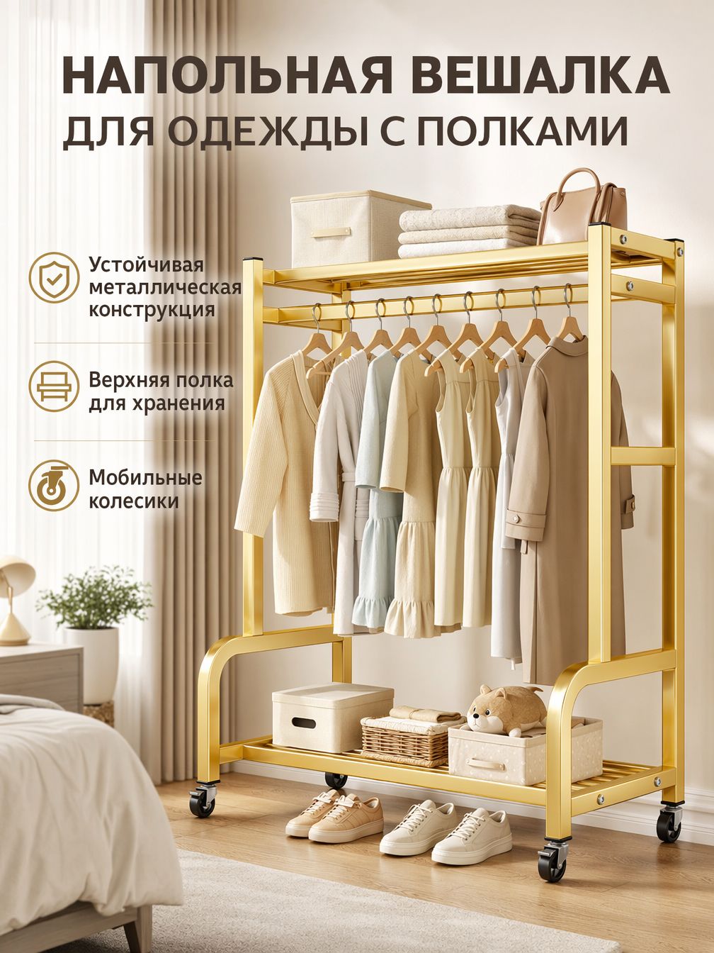 Напольная вешалка с полкой и колесами, 100 см, золотая