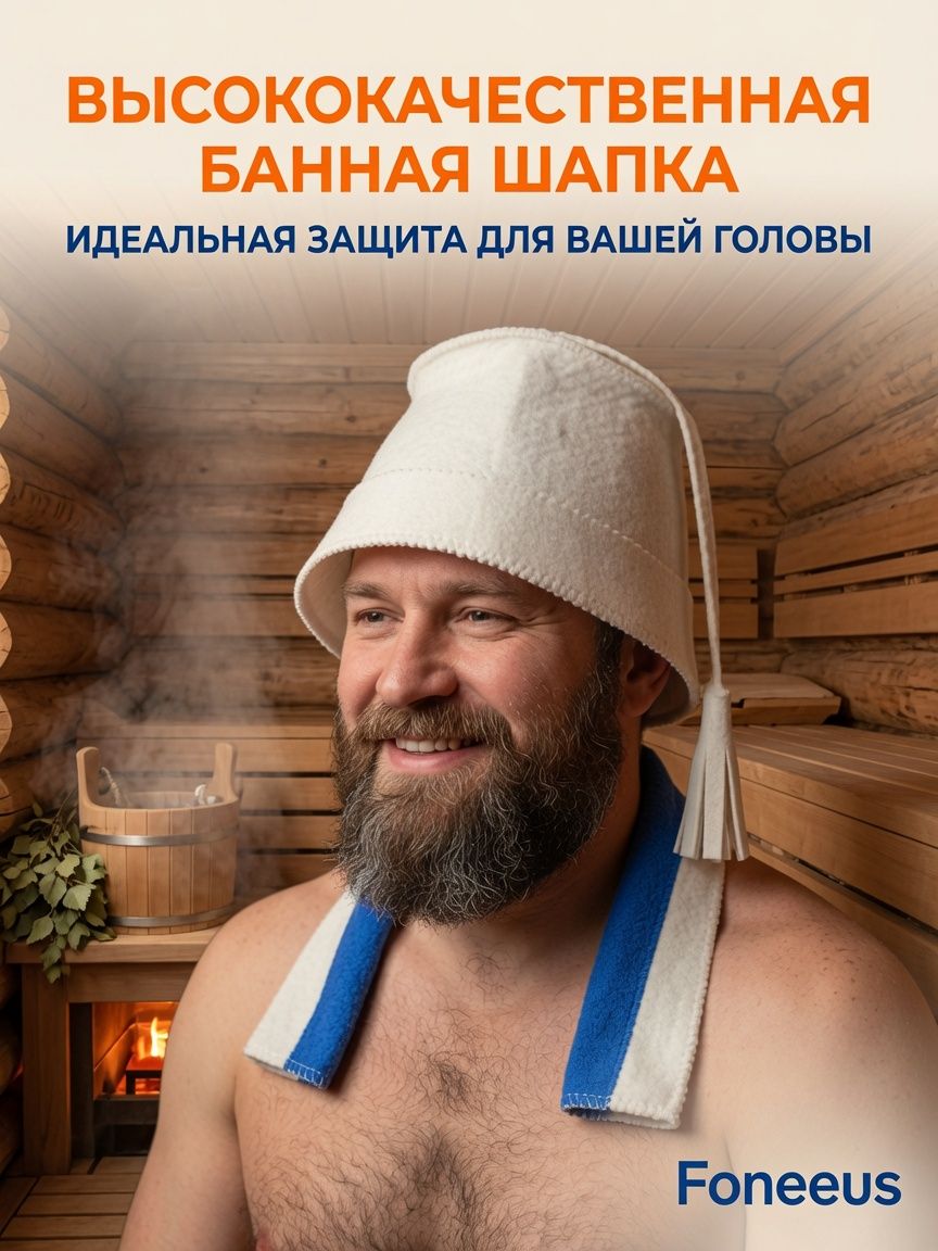 Шапка для бани и сауны Foneeus: классическая банная шапочка, женская и мужская. Защита от перегрева в парной, универсальный подарок! HSC-00027-01