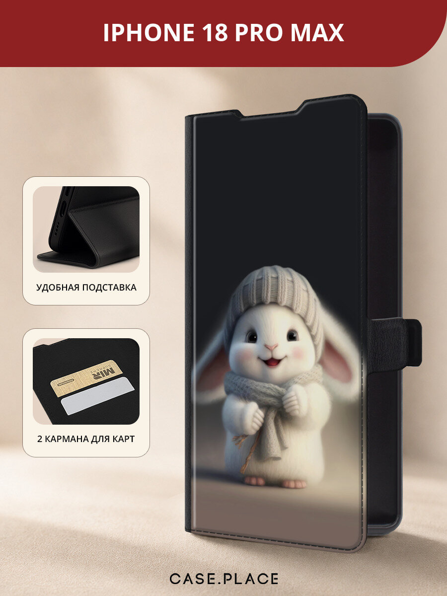 Чехол-книжка на iPhone 18 Pro Max / Айфон 18 Про Макс с принтом Белый крольчонок в шапке, черный