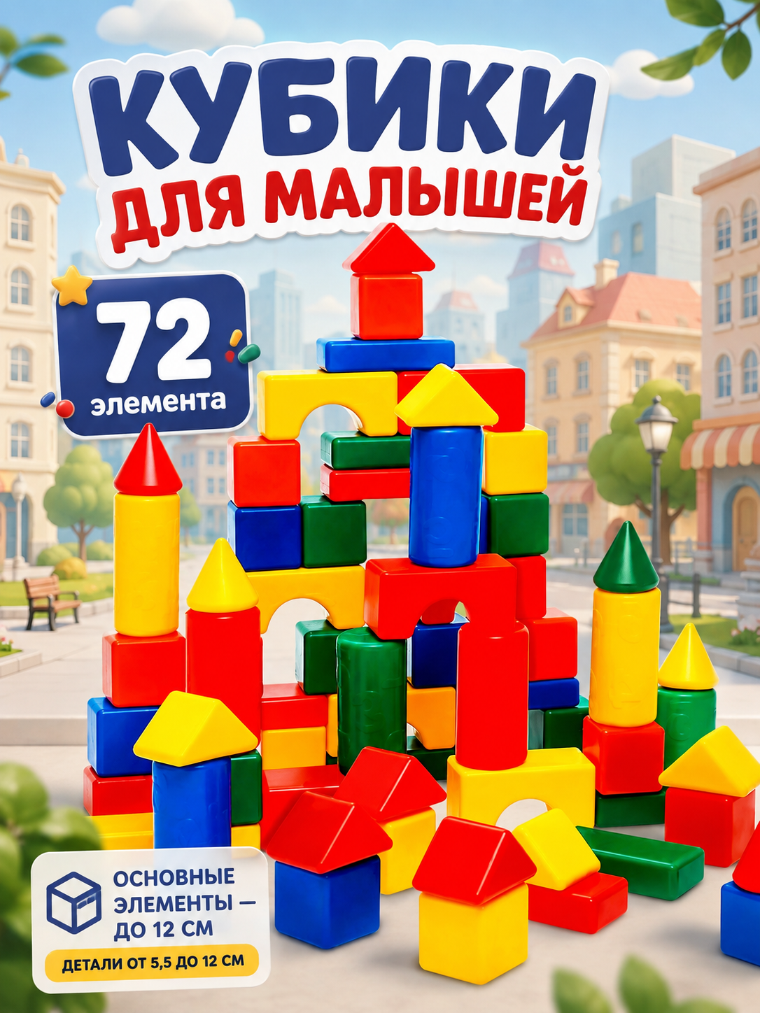 Кубики детские Соломон, пластиковые, цветные, 72 штуки, 6 х 6 см