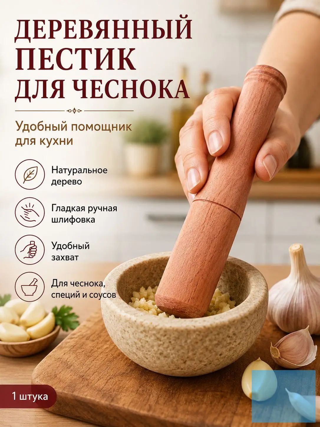 Ступка с пестиком натуральное дерево 4 см 1 шт светло-коричневый