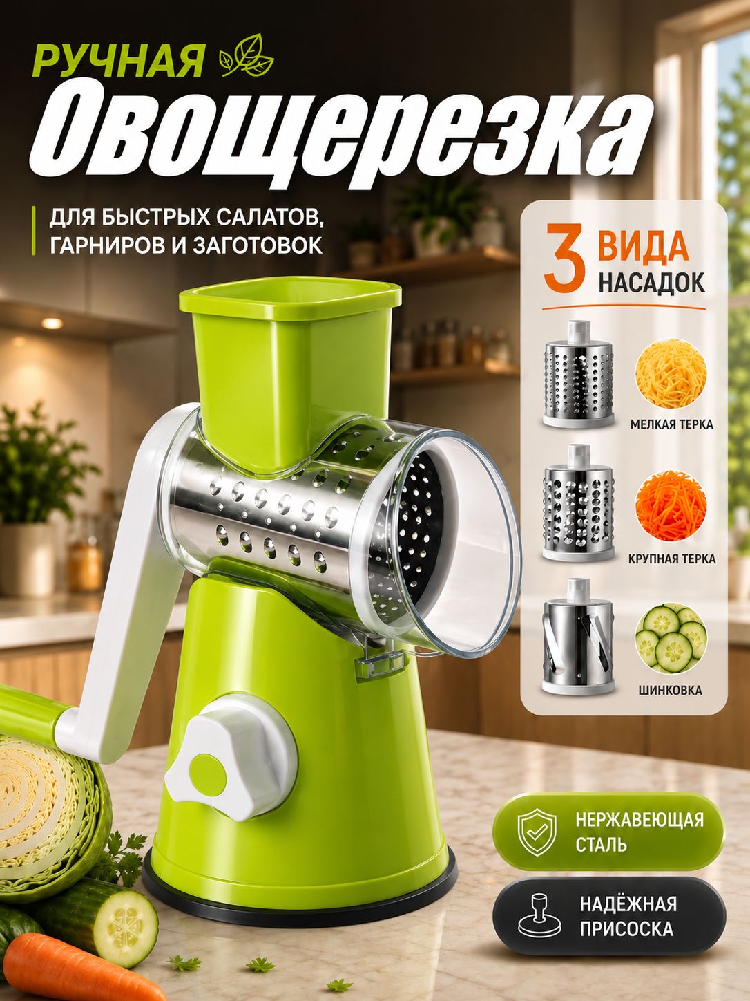 Мультислайсер для овощей и фруктов терка овощерезка механическая, 3 насадки