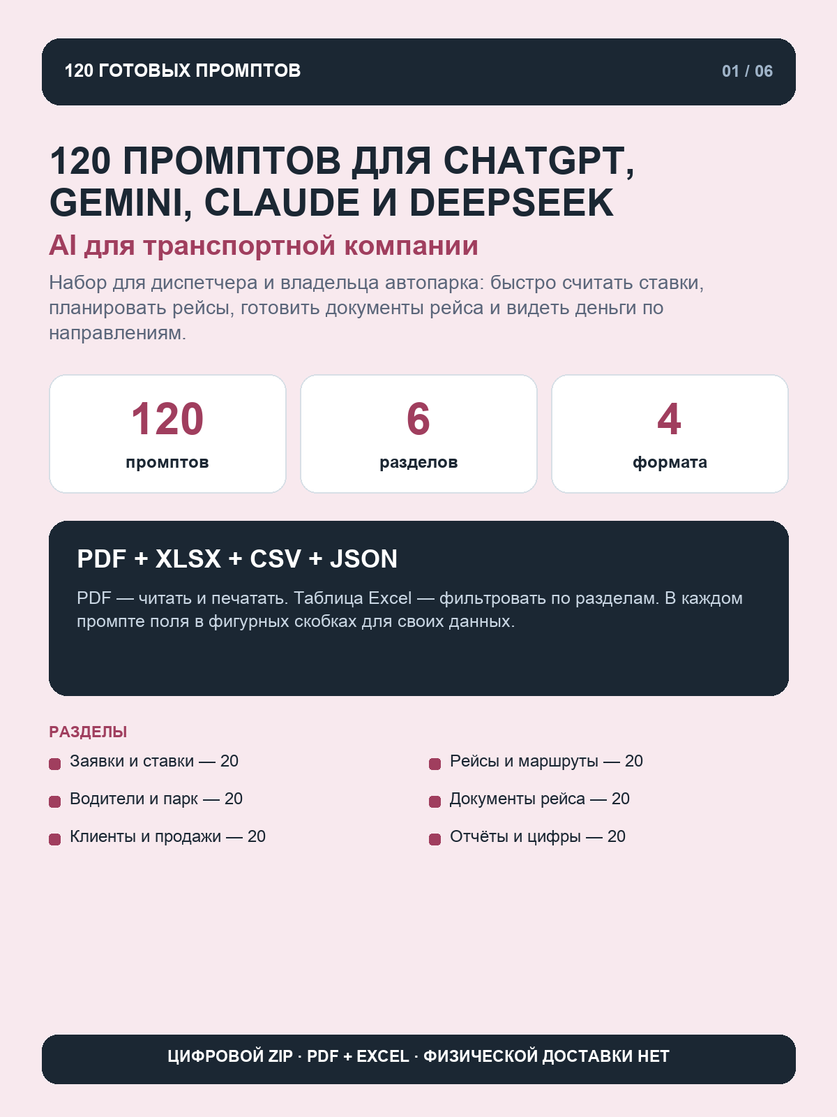AI для транспортной компании: 120 промптов для ChatGPT, Gemini, Claude и DeepSeek, цифровой ZIP PDF и Excel