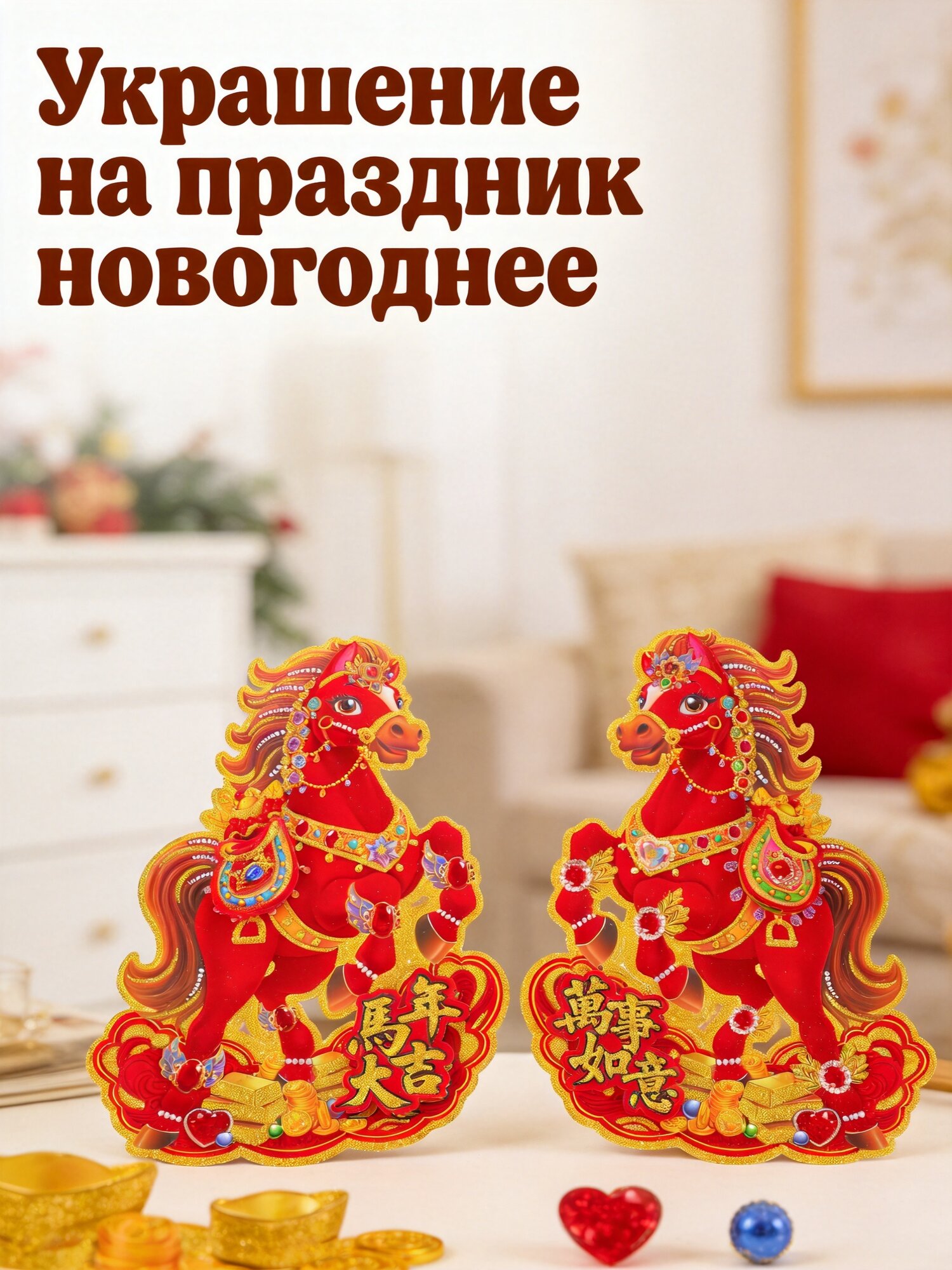Набор 2 бумажных наклеек с изображением лошади для новогоднего украшения дверей