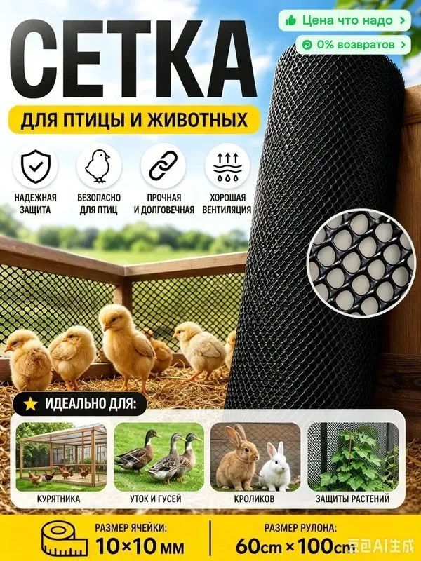 Пластиковая барная сетка для брудера и клеток птицы, размер 1000х600 мм, черная, для выращивания цыплят и перепелов, 1 штука.
