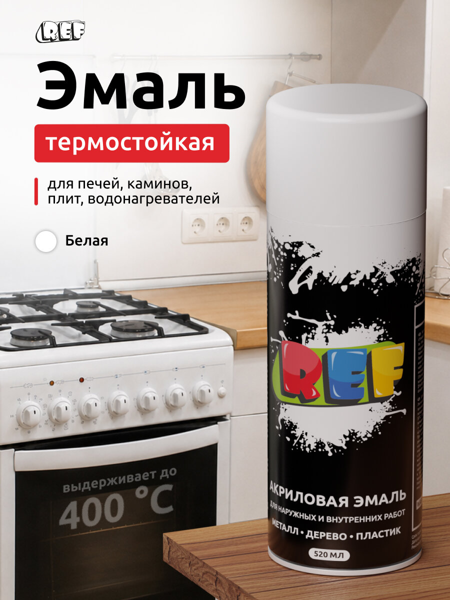Акриловая краска термостойкая по металлу 400С/ 520 мл/ аэрозоль белая глянцевая / REF / эмаль для мангала, печи