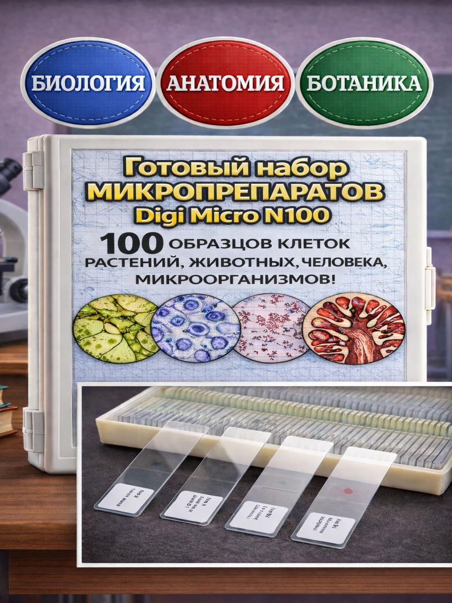 Готовый набор микропрепаратов растений, микроорганизмов, животных и человека N100 для микроскопа