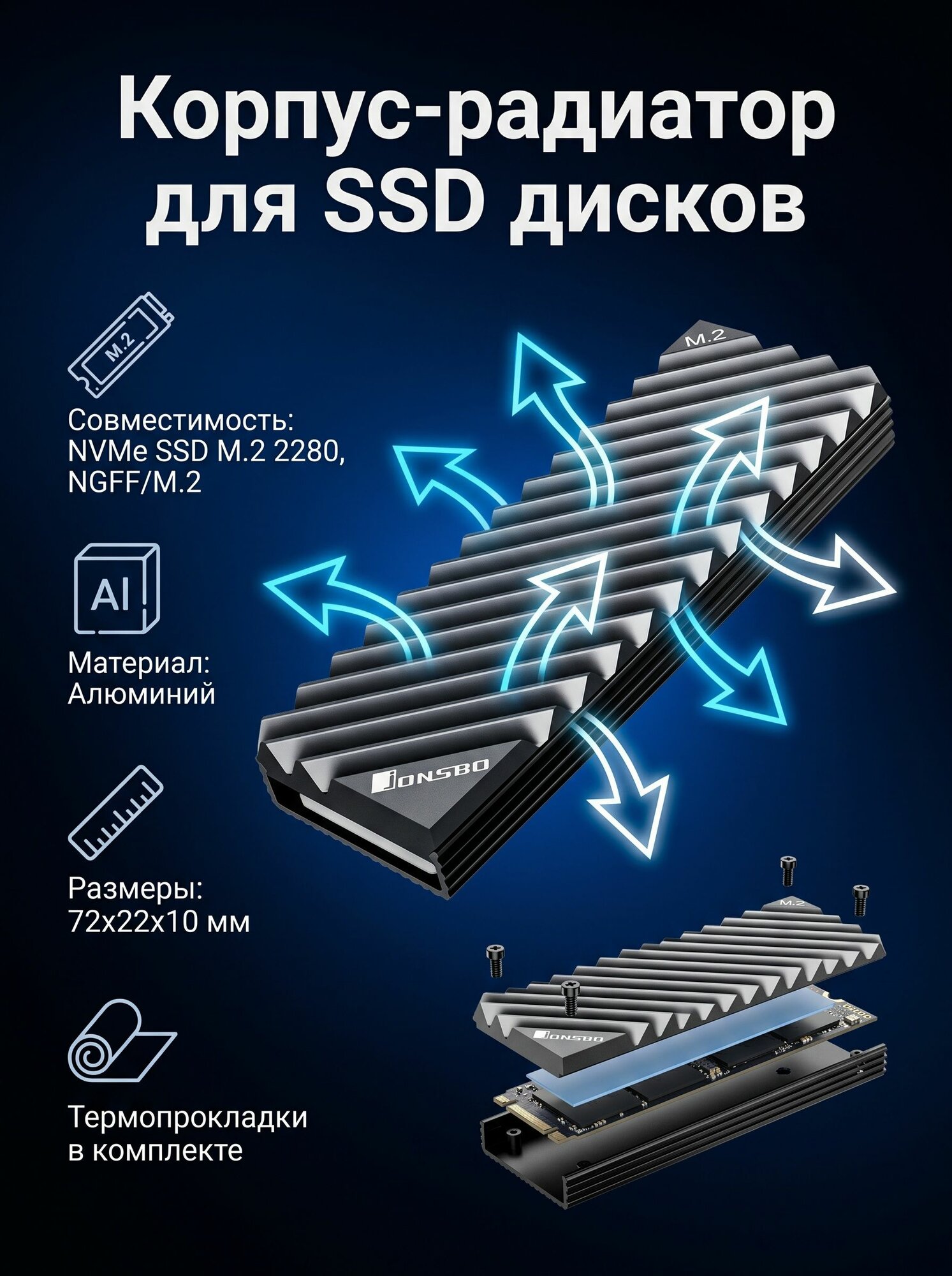 Радиатор для NVME SSD M.2 2280 Jonsbo M.2-3 для охлаждения жесткого диска, для модернизации охлаждения ПК, для сборки