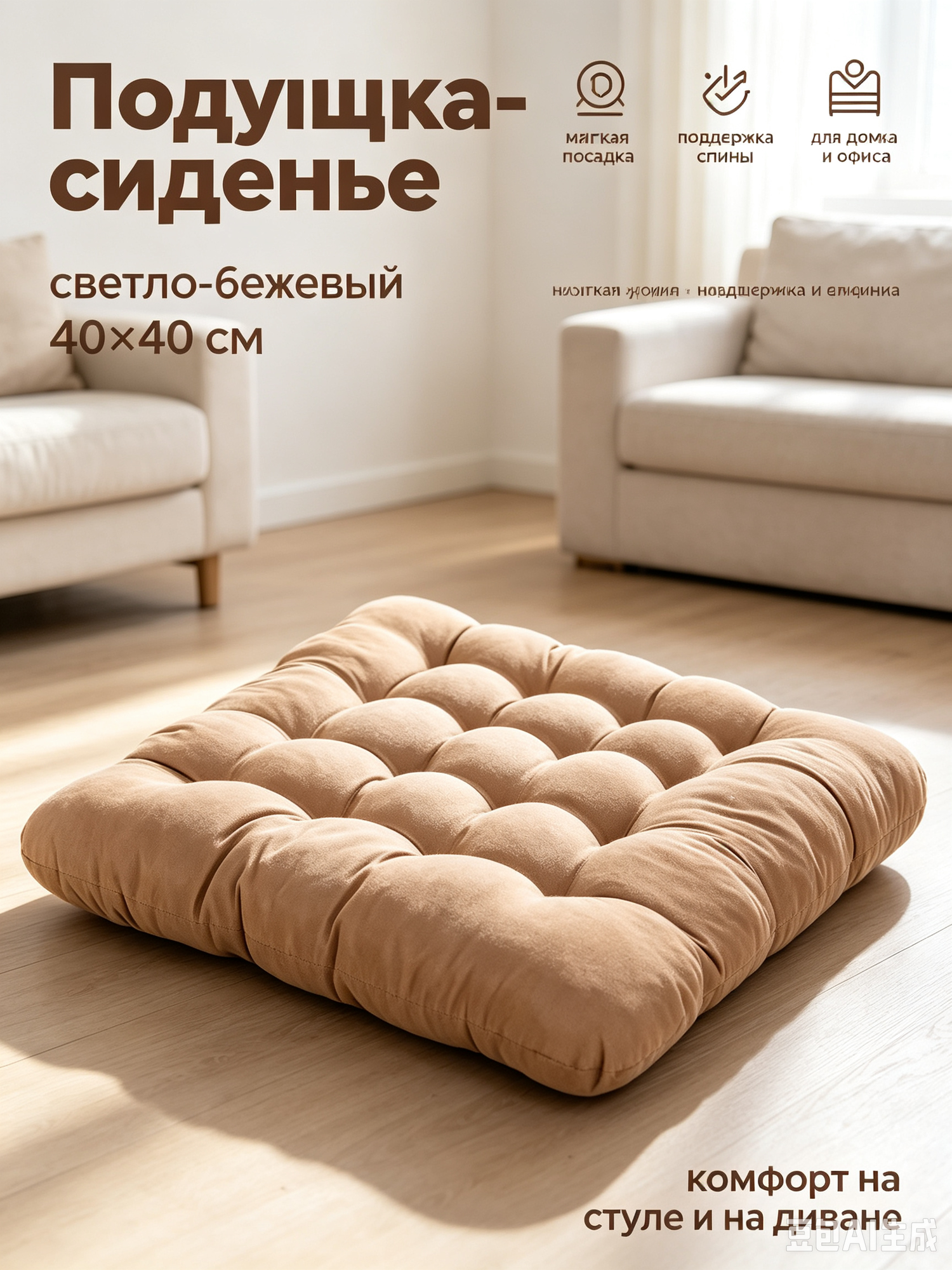 Подушка для сиденья стёганая, коричневая, 40×40 см, полиэстер, наполнитель полиэфирное волокно, для дома
