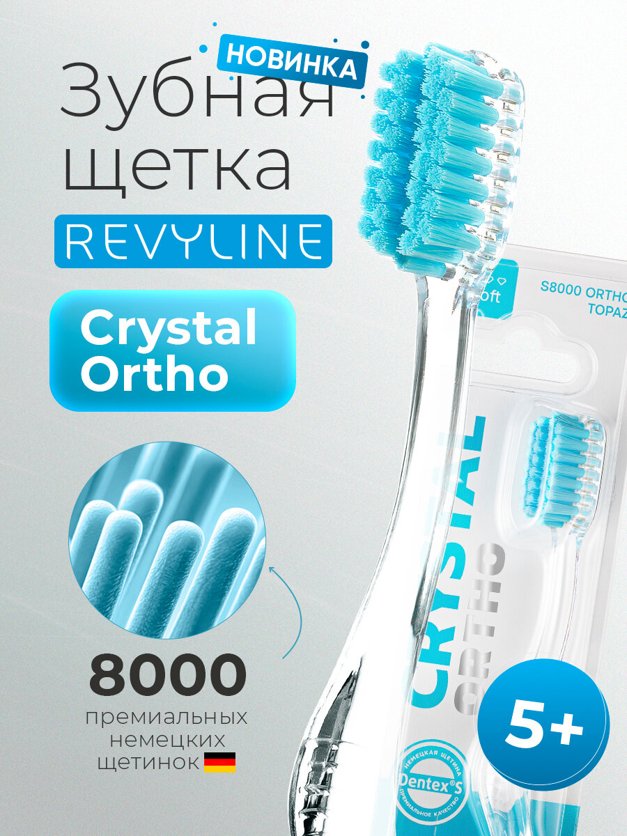 Ортодонтическая зубная щетка Revyline S8000 Crystal Ortho Topaz, для брекетов, мануальная, 8000 щетинок, взрослая, от 5 лет