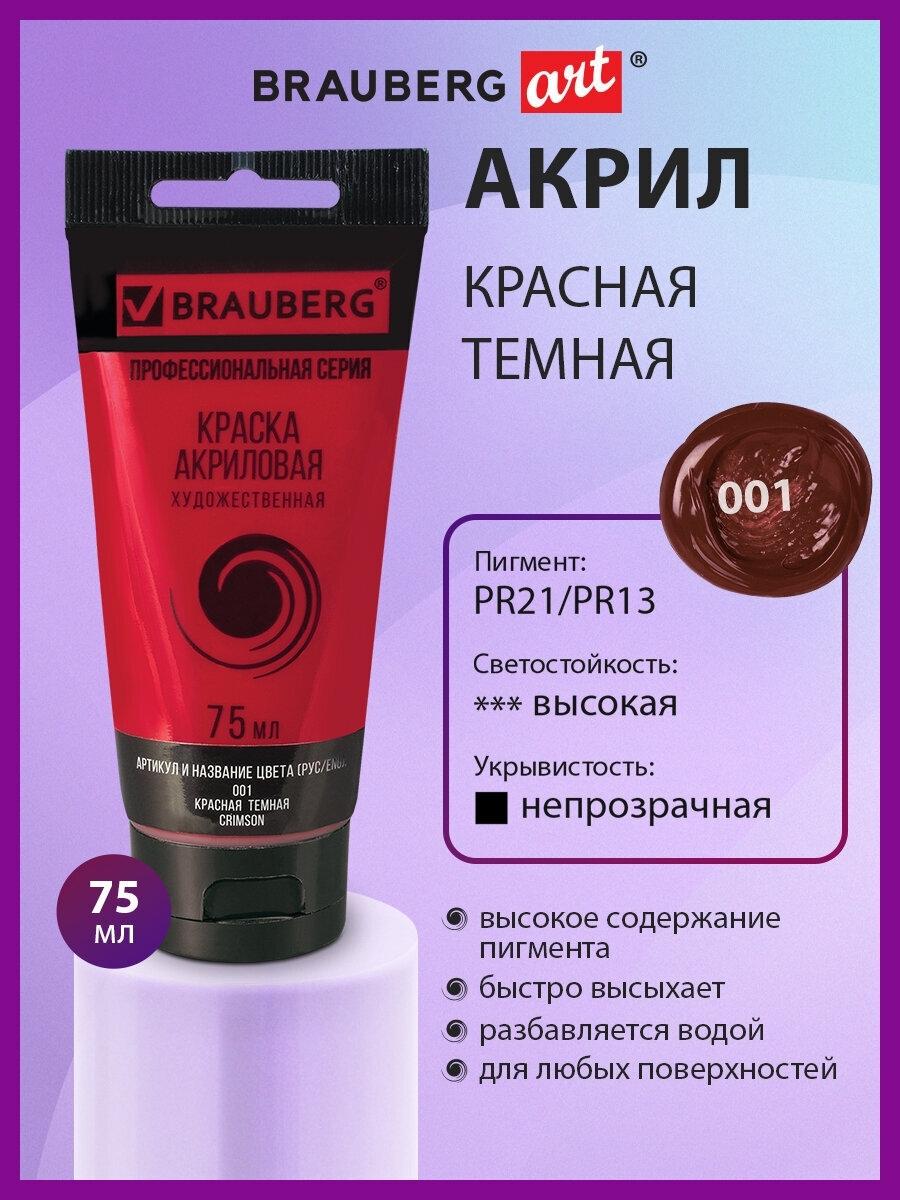 Краска акриловая художественная BRAUBERG туба 75мл, профессиональная серия, красная темная