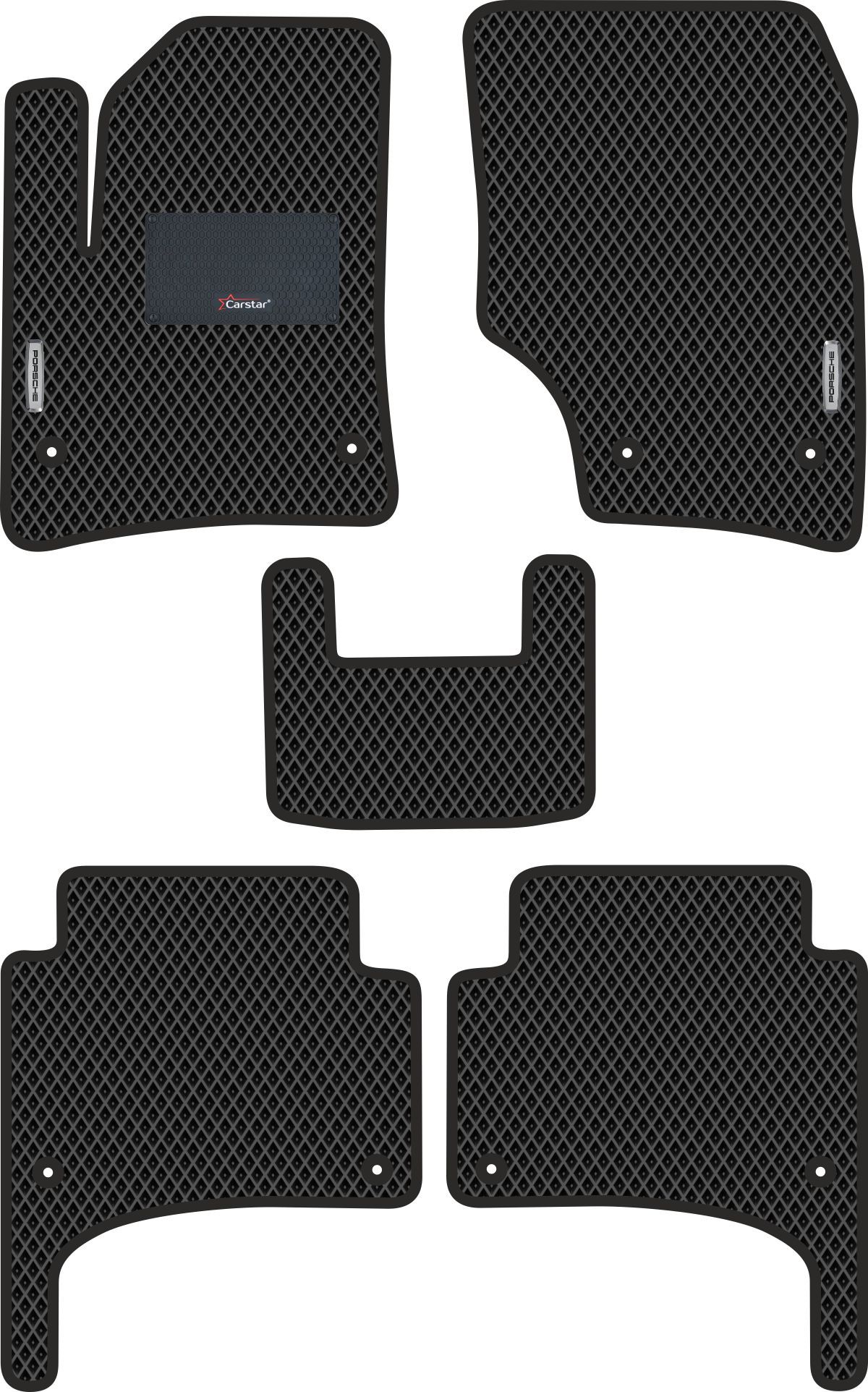 Автомобильные коврики EVA для Porsche Cayenne I (2002-2010), с каучуковым подпятником и 2 эмблемами Porsche, чёрные с чёрным кантом, ячейка - ромб