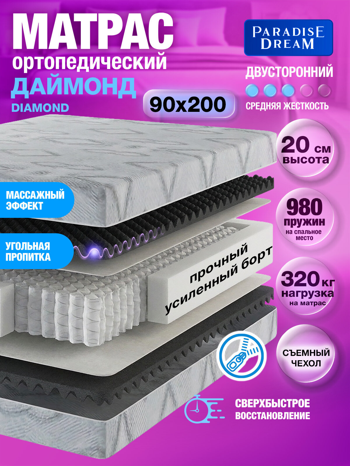 Матрас 90х200 см на кровать пружинный ортопедический