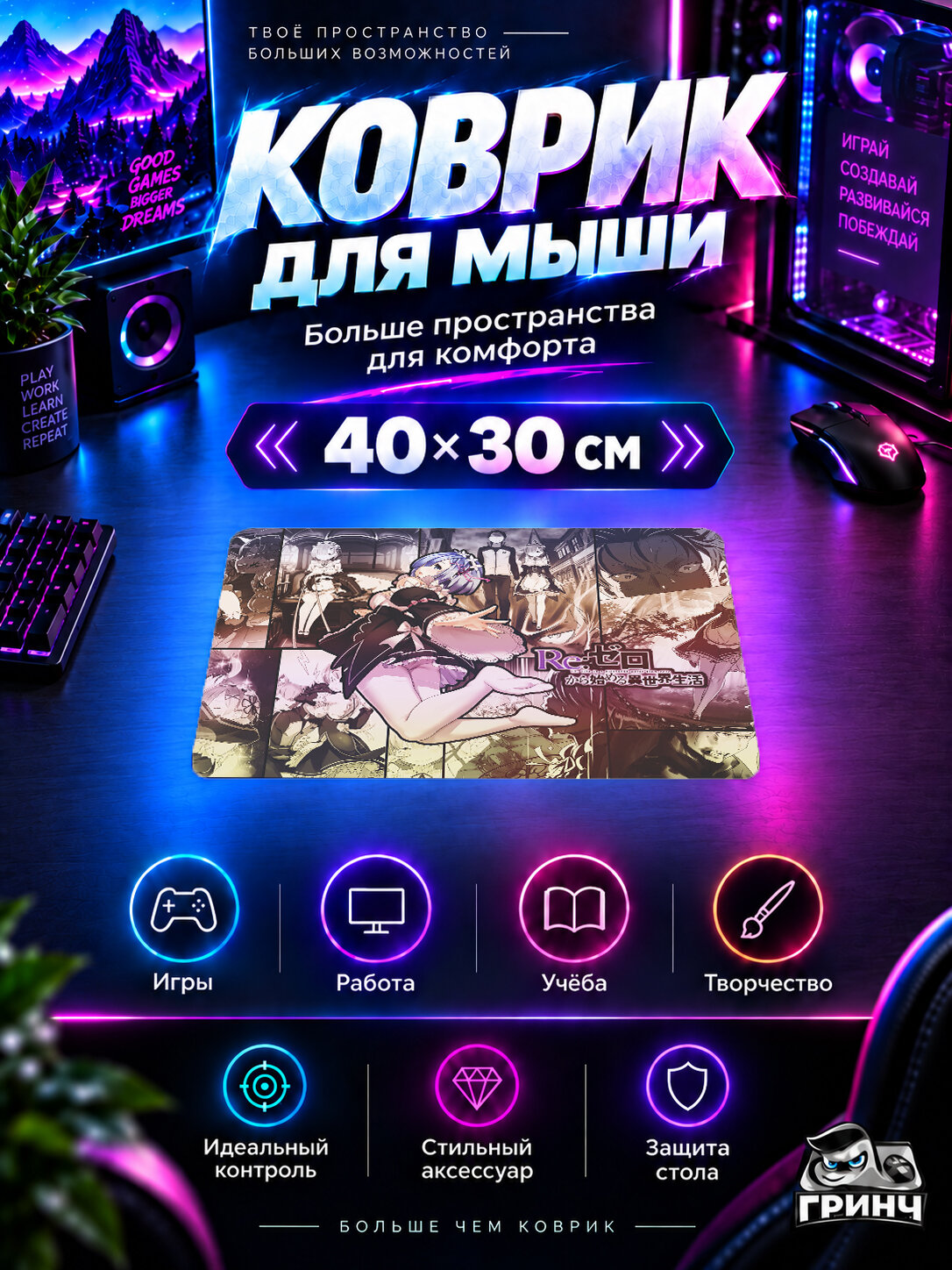 Игровой коврик для мыши 40×30 см — Re: Zero — Main Cast / Main Cast — Лунный Эхо / Moonlit Echo