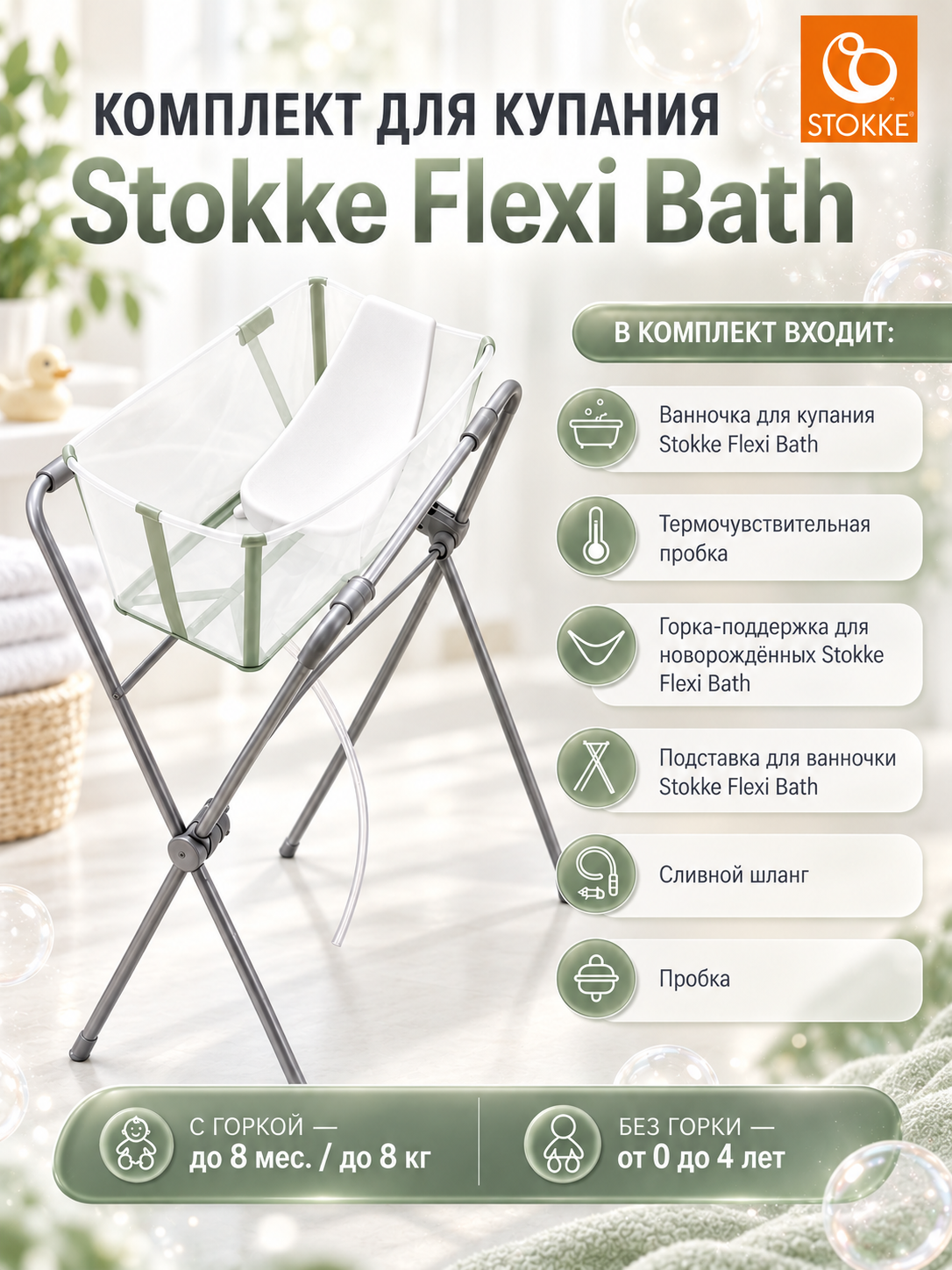 Складная ванночка 3 в 1 для купания новорожденных Stokke Flexi Bath с горкой и подставкой Transparent Green, зеленый