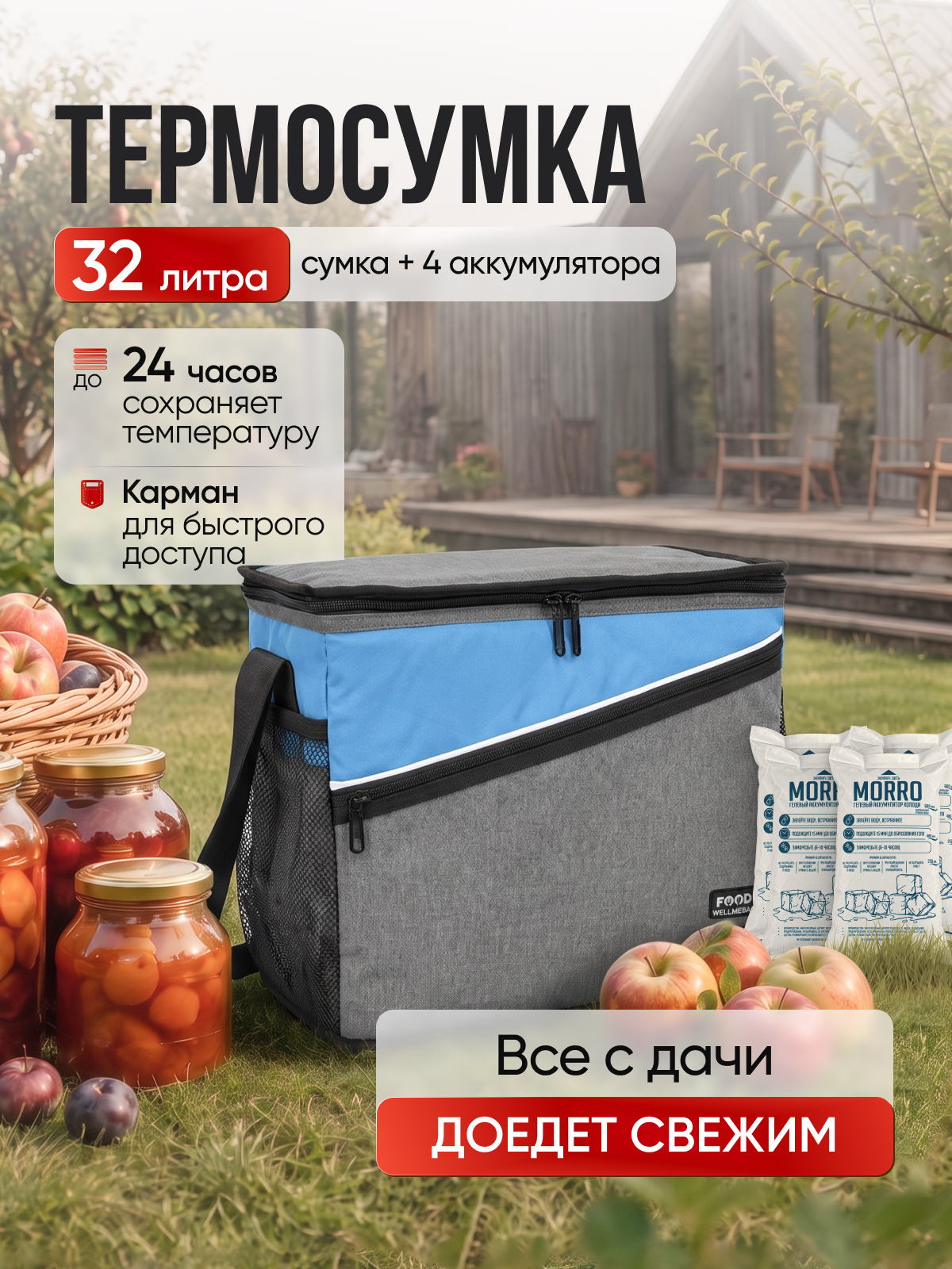 Термосумка 32 литра (Двухцветная: Серый меланж + Ярко-голубой) + 4 гелевых аккумуляторов холода по 600 мл.