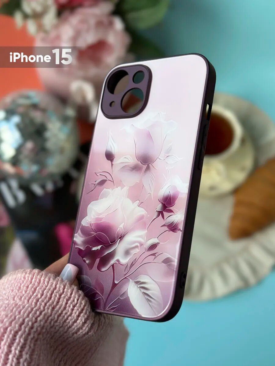 Чехол стеклянный для iPhone 15 с принтом, защитная накладка