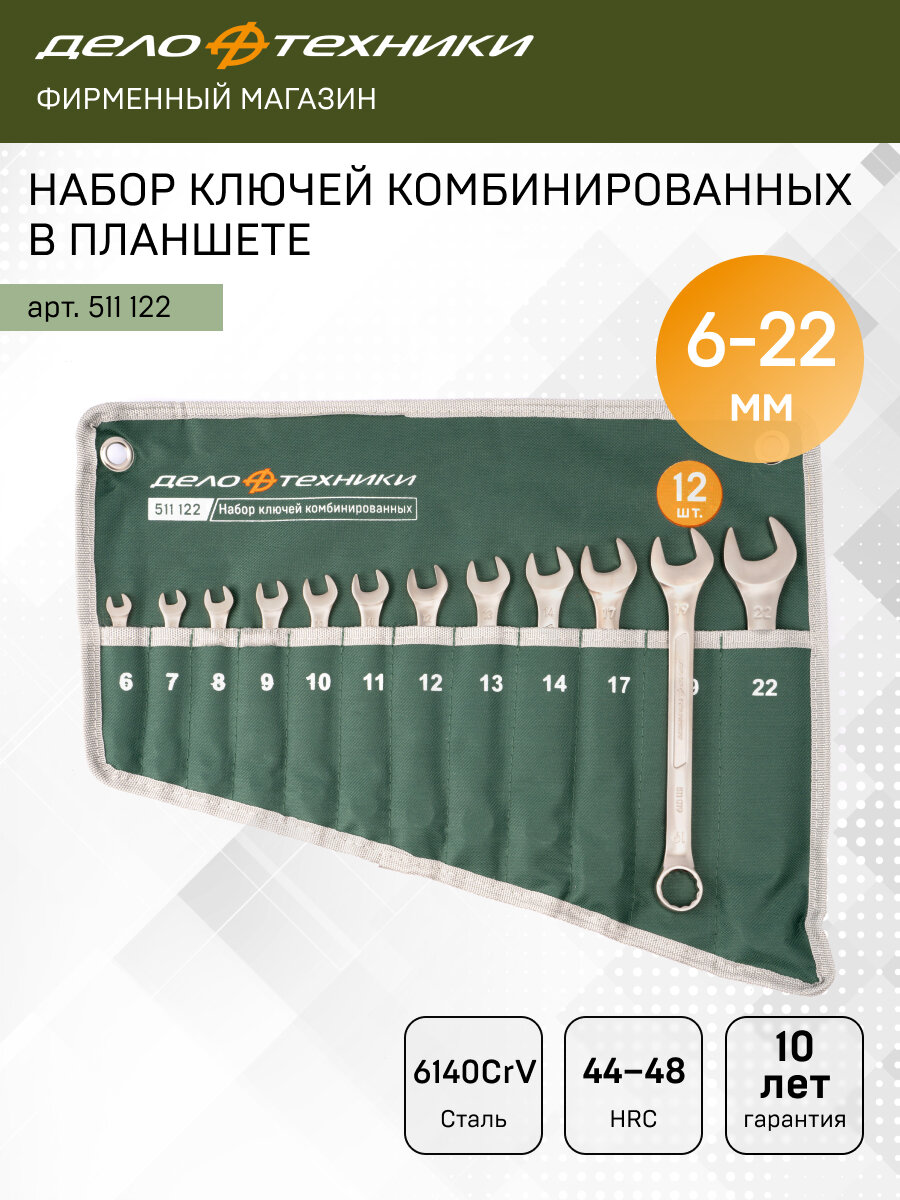 Набор ключей комбинированных 12 шт, планшет тетрон, Дело Техники, 511122