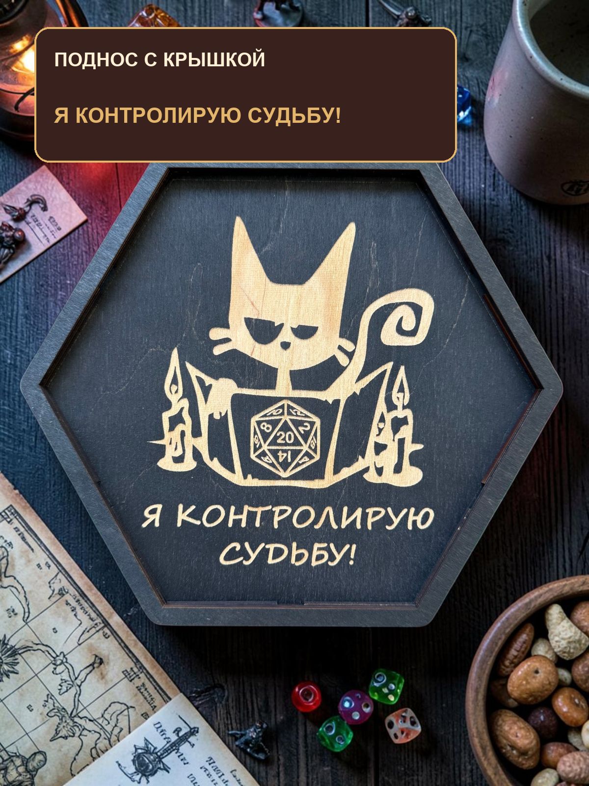 Поднос для кубиков DnD с крышкой, надпись Я контролирую судьбу