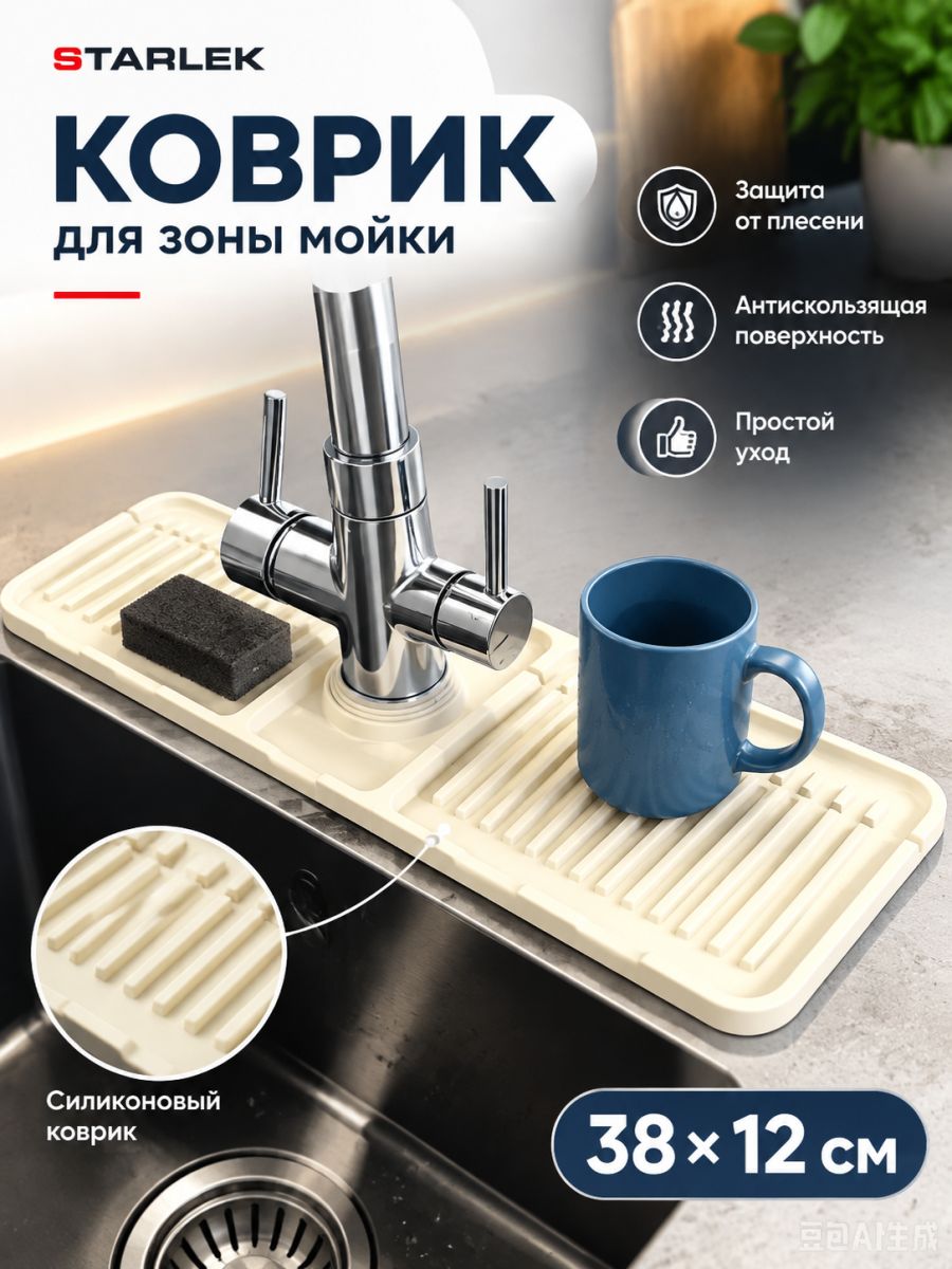 STARLEK Коврик для раковины 37.5x13.01 см 1 шт кремовый, Артикул: 5230982353