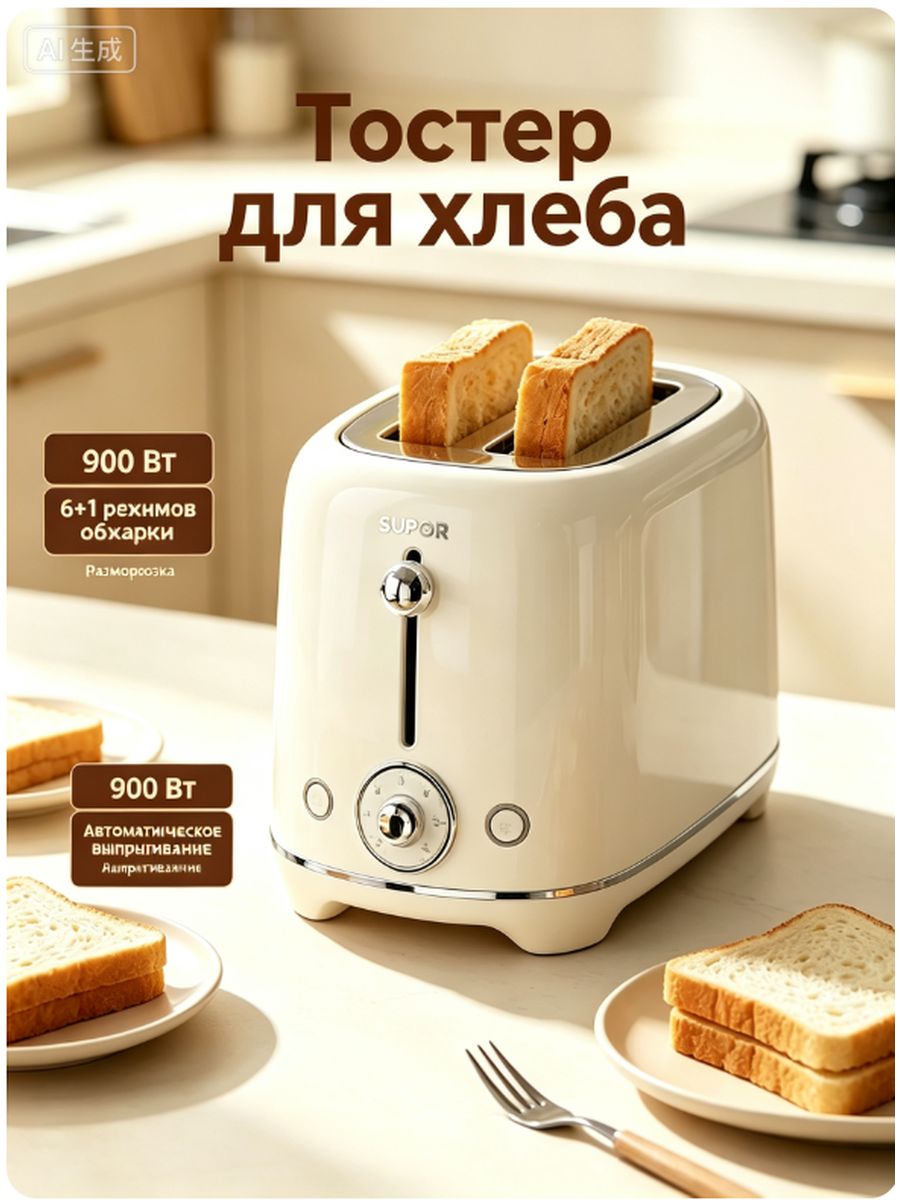 Тостер 019e769619f971728dc0779ef928b92a 900 Вт тостов - 2, светло-бежевый