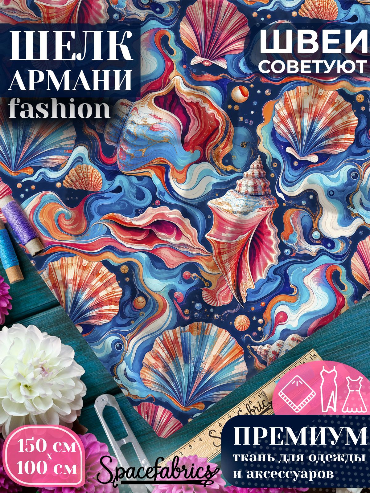 Ткань для шитья шелк Армани, искусственный атлас шелк для костюмов, платьев, юбок с принтом Морские раковины