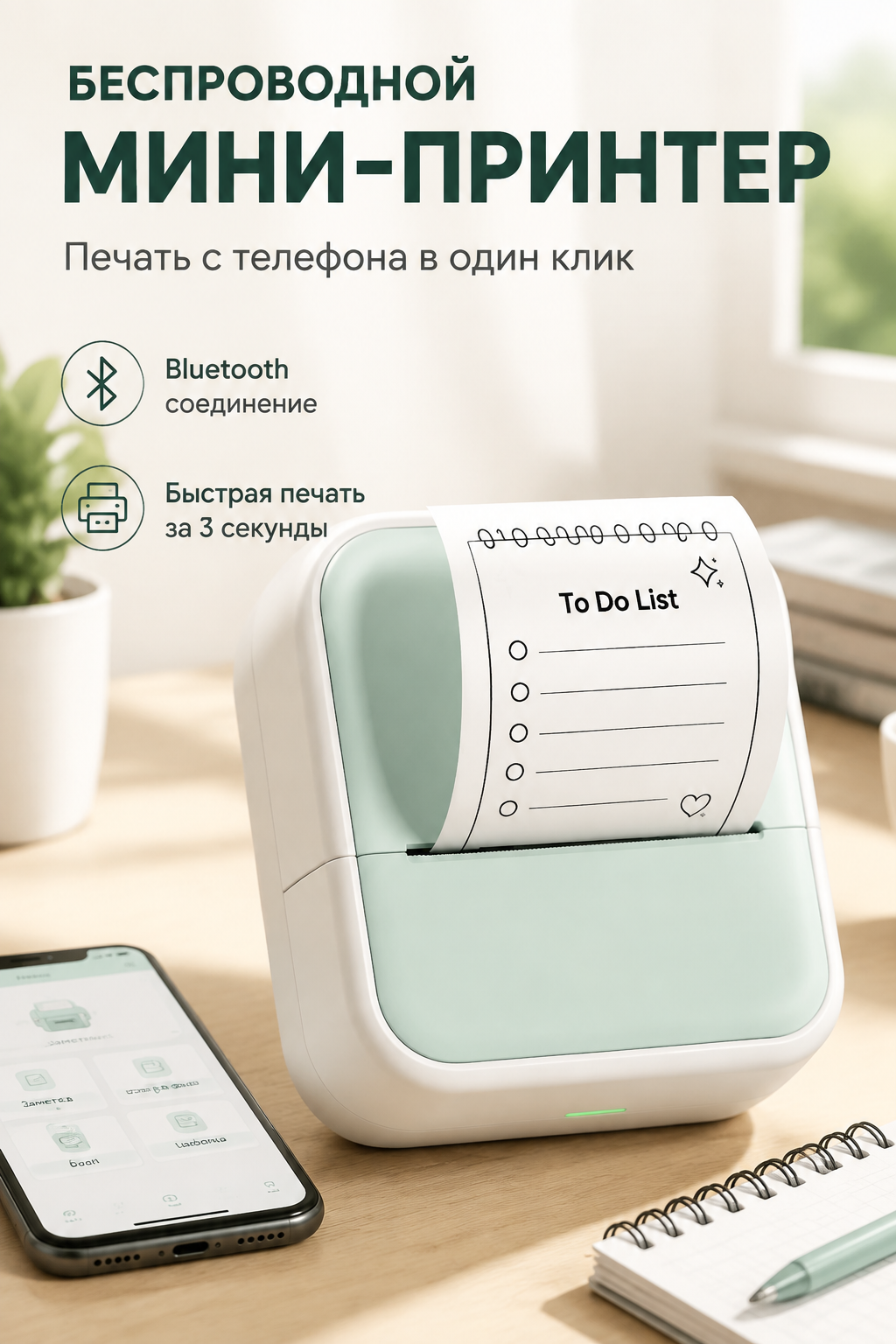 Беспроводной мини-принтер для печати с телефона, монохромный, зелёный
