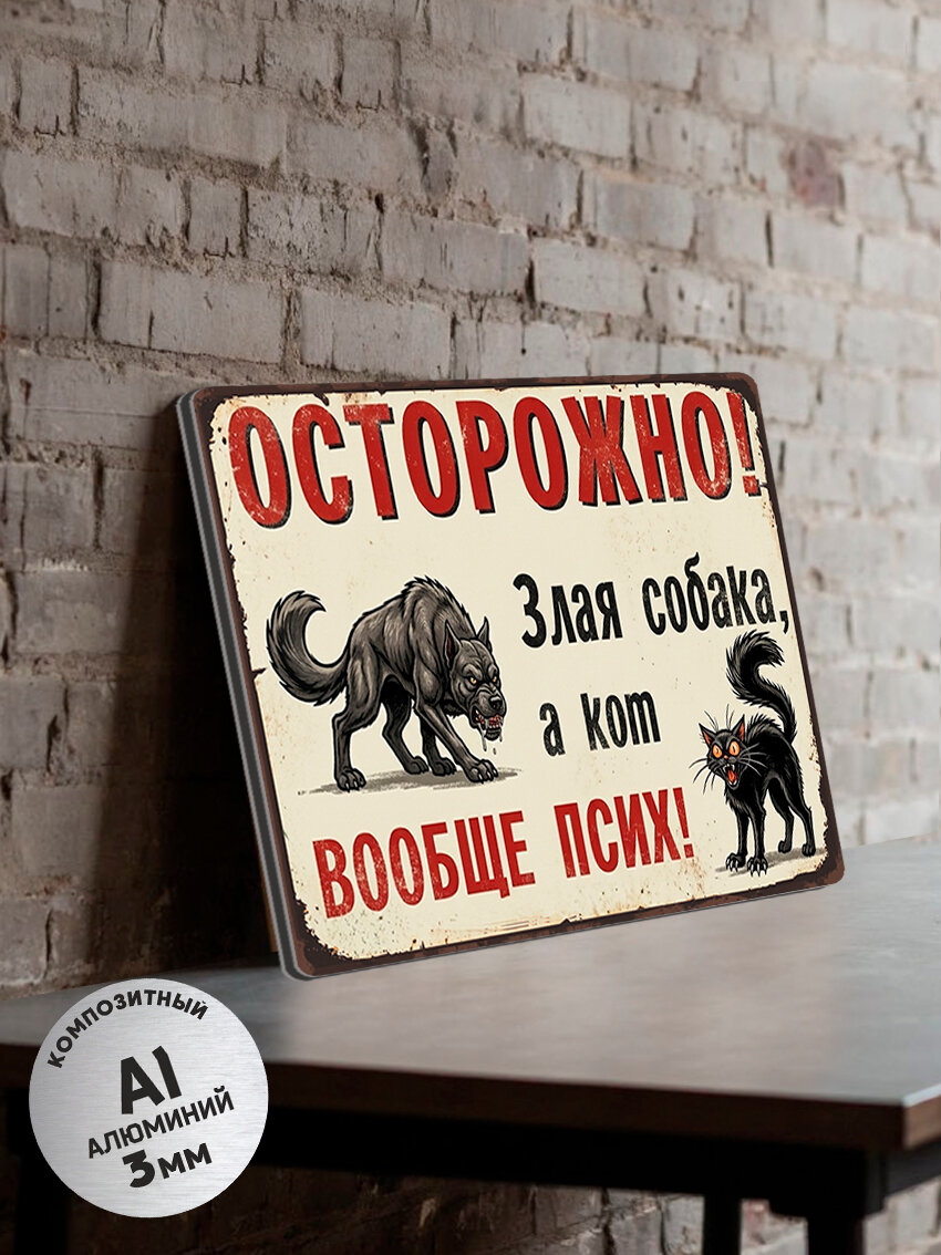 Табличка "Осторожно злая собака, а кот вообще псих"