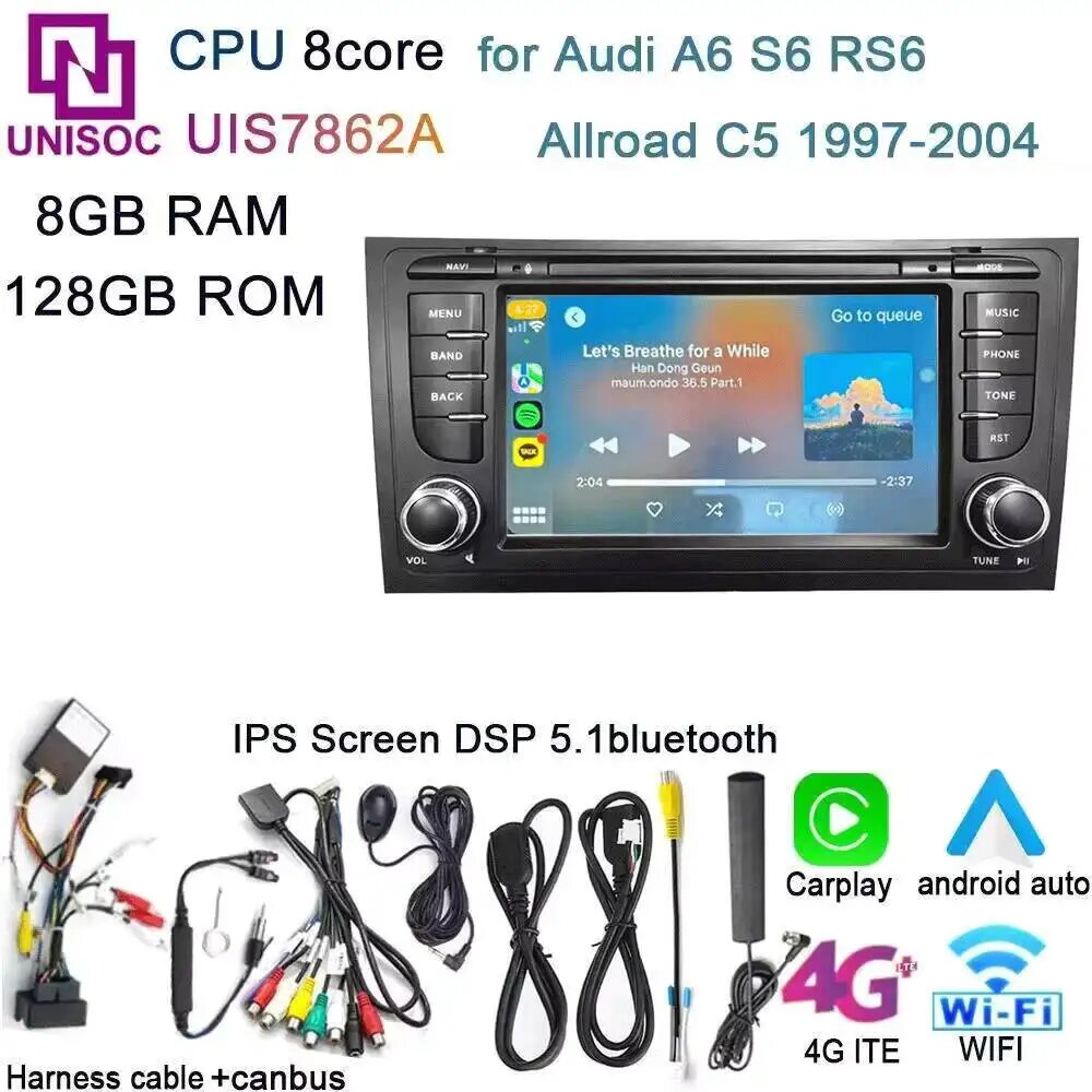 Автомагнитола Android для Audi A6 C5 1997-2004, S6 1999-2004, RS6 2002-2006, UIS7862A-8-128