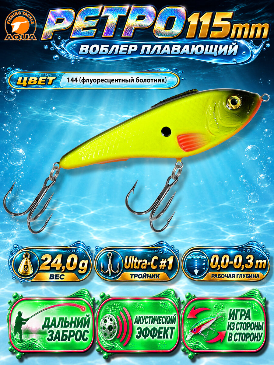 Воблер для рыбалки плавающий AQUA Ретро 115mm 24g. Приманка джеркбейт на спиннинг, на щуку, судака, окуня цвет 144
