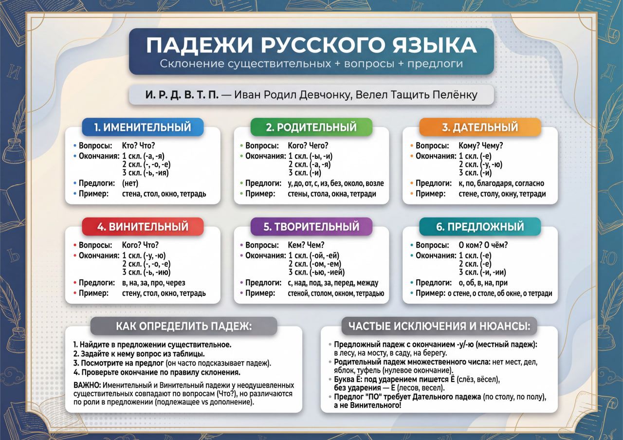 Плакат "Падежи русского языка" - А1 - горизонтальный