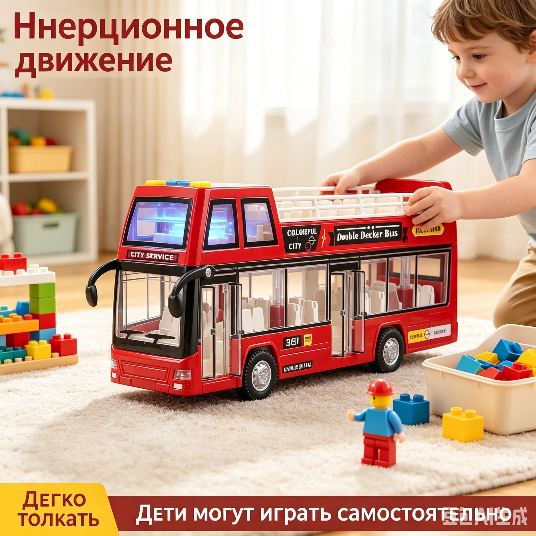 Инерционный двухэтажный автобус с открытым верхом со светом и музыкой, красный, в наборе 5 фигурок