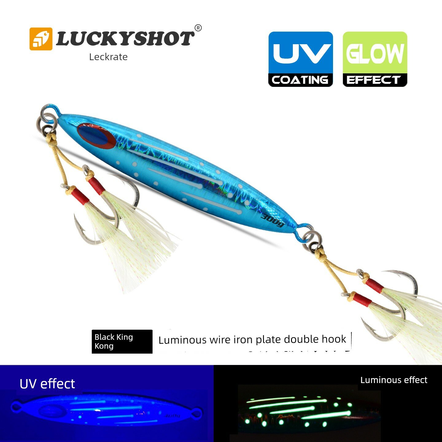 LuckyShot Металлическая приманка-лопатка 300 г синяя с 2x крючками 4/0 для морской ловли