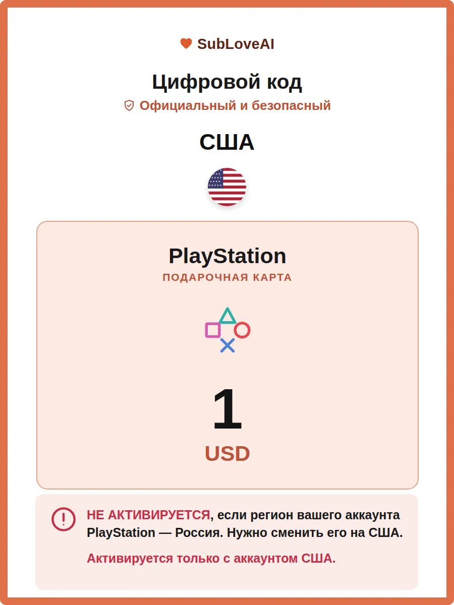 Карта оплаты PlayStation Store 1 USD — пополнение кошелька PSN для PS4 и PS5, регион США