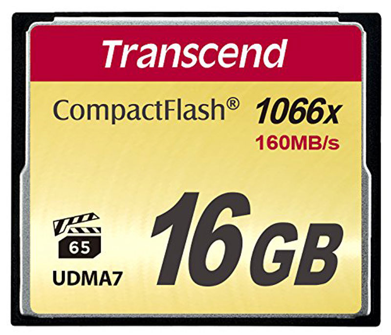 Transcend 16 ГБ Карта памяти CompactFlash (Type I) Ultimate (TS16GCF1000), запись - 70 Мбайт/сек, чтение - 160 Мбайт/сек, Черный, Карта памяти Transcend TS16GCF1000