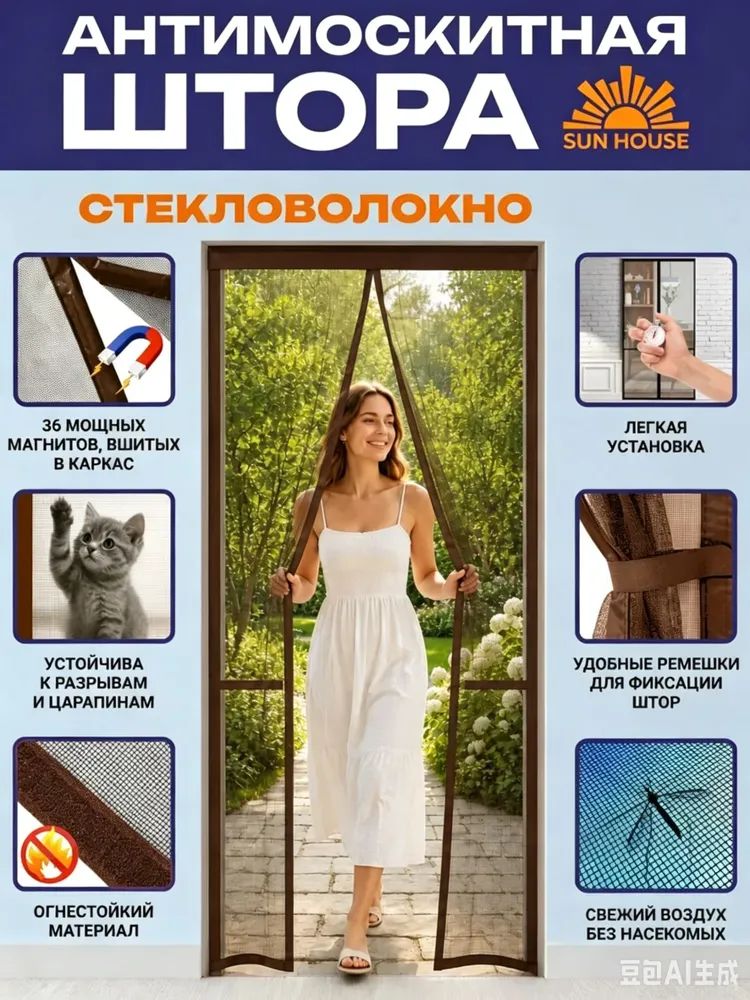 Москитная сетка на дверь на магнитах 75x190 см белый/ Сетка на дверь москитная на магнитах