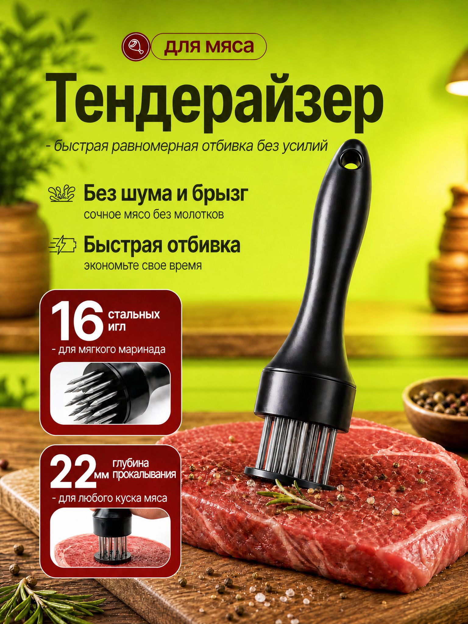 Тендерайзер для мяса черный / молоток для отбивания мяса, отбивалка, стейкер