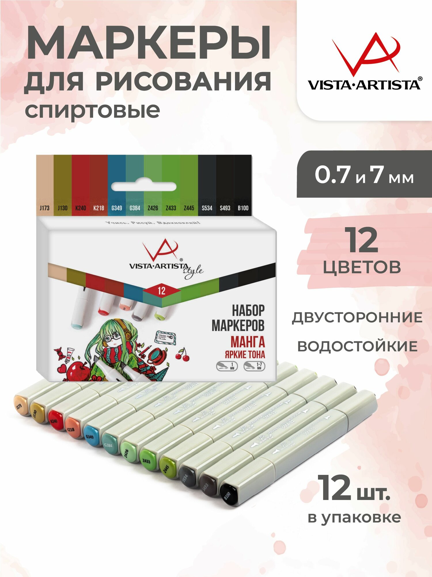 Набор спиртовых маркеров для рисования 12 цветов двухсторонние Vista-Artista SMA-12 Манга 5