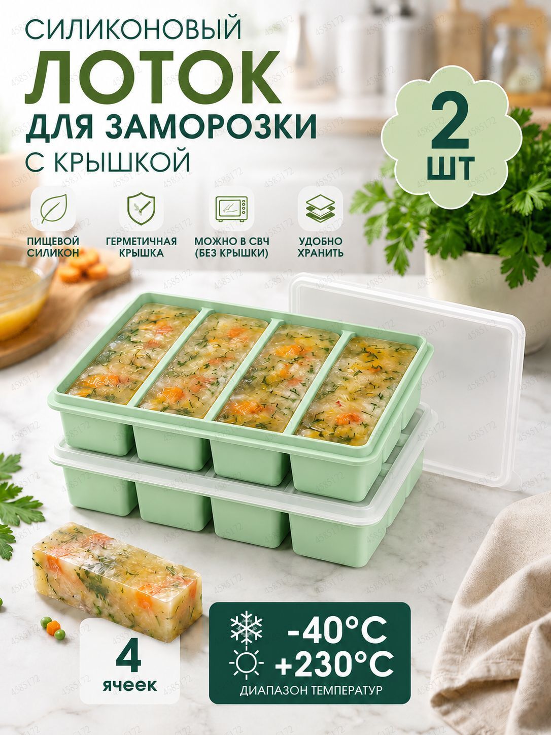 Форма для выпечки 4 яч. 15 см x 17.5 см 2 шт пищевой силикон прямоугольная антипригарное покрытие зеленый
