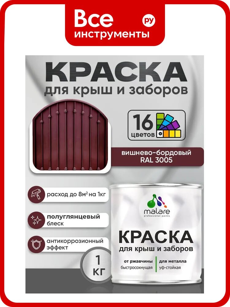 Краска по металлу MALARE для крыш и заборов, по ржавчине, быстросохнущая, износостойкая, глянцевая, вишнево-бордовый, 1 кг КМЗ3005Г0100