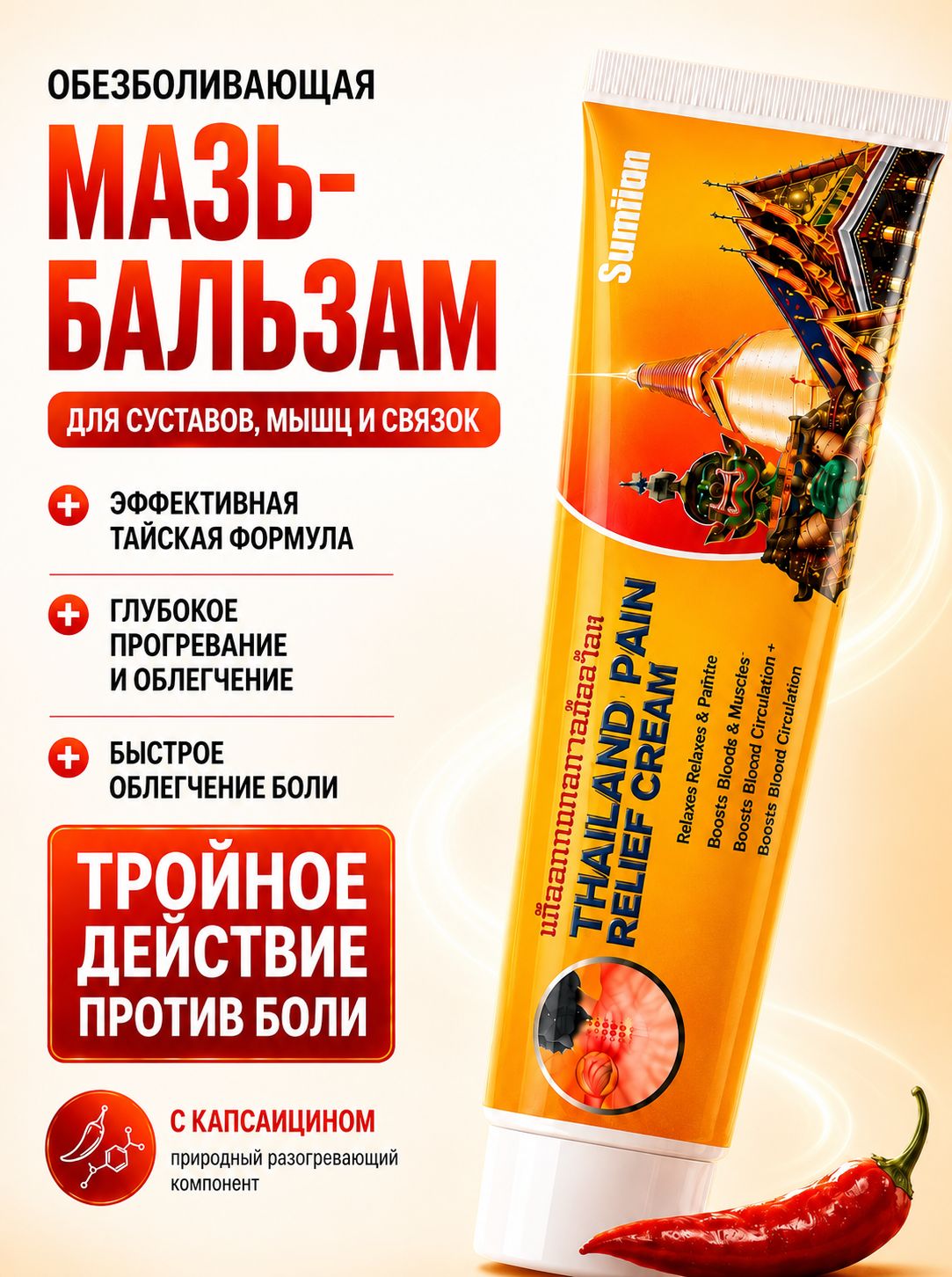 Мазь обезболивающая для суставов, мышц и спины, разогревающий крем от боли, с капсаицином и камфорой, тайский бальзам Sumifun 20 г