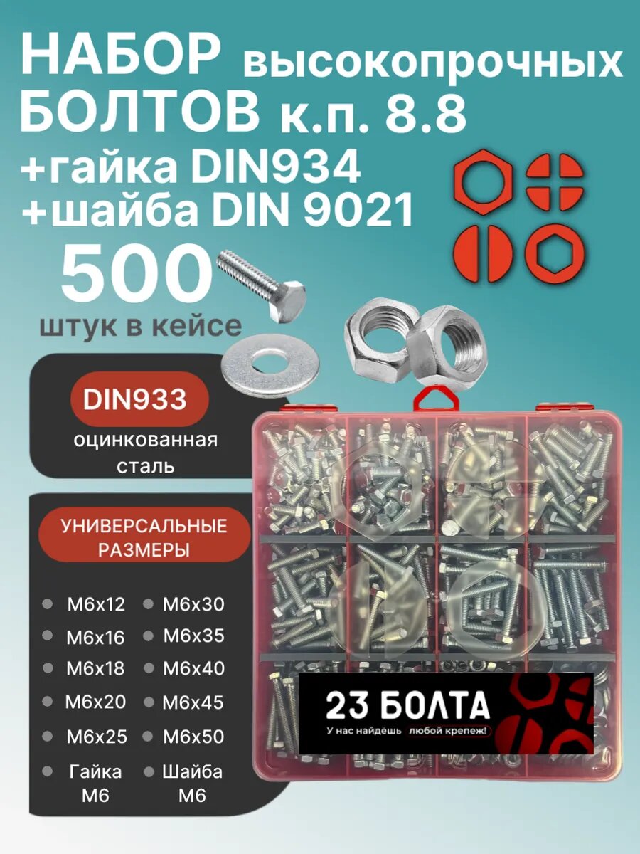 Болты DIN933 к. п.8.8 ОЦ М6 +гайки, шайбы в органайзере НАБОР3