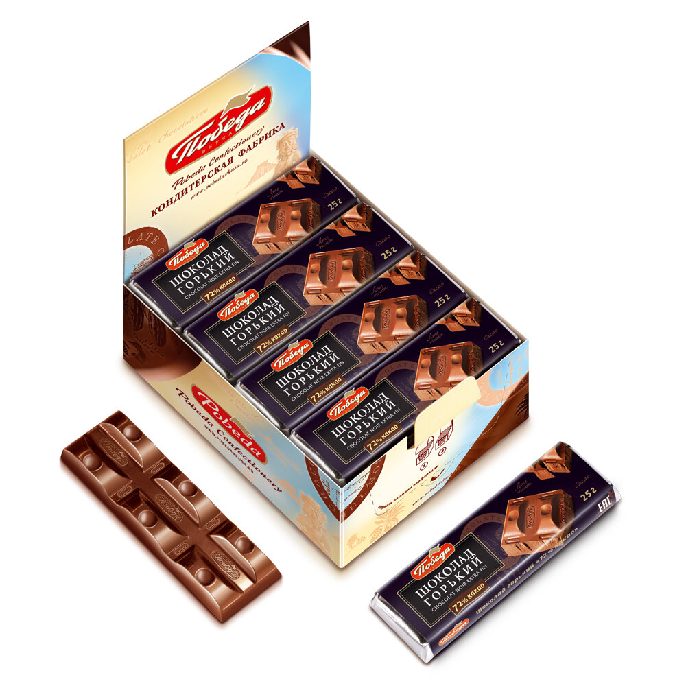 Шоколад Победа вкуса Горький 72% какао, без ГМО, 25 г / 20 шт