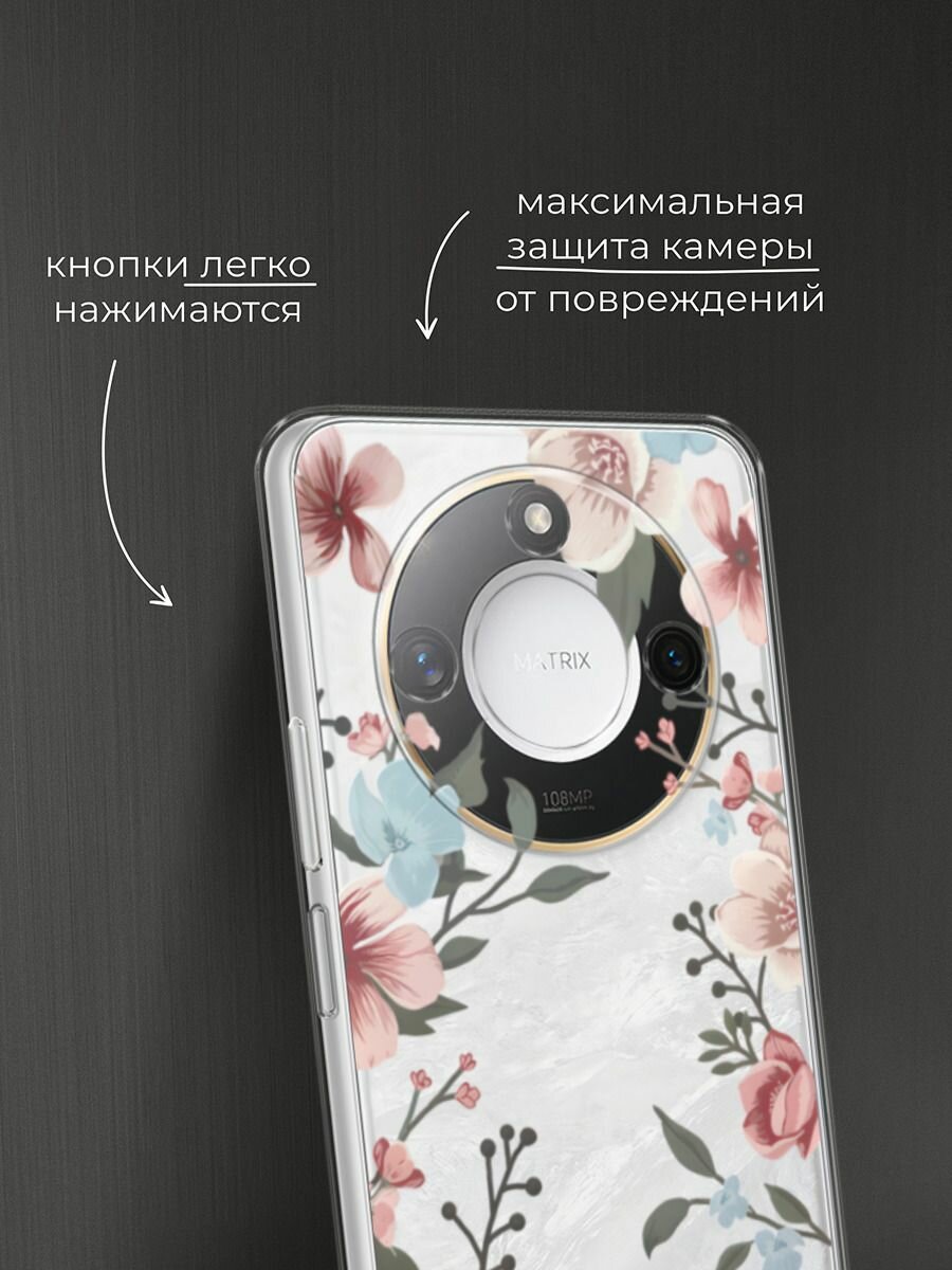 Чехол на Honor X9c Smart / Хонор X9c Смарт с принтом "Нежная рамка из цветов", прозрачный — фото 1