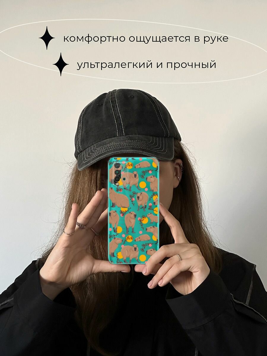 Чехол на Xiaomi Redmi 9T / Сяоми Редми 9Т с принтом "Капибара паттерн", прозрачный — фото 1