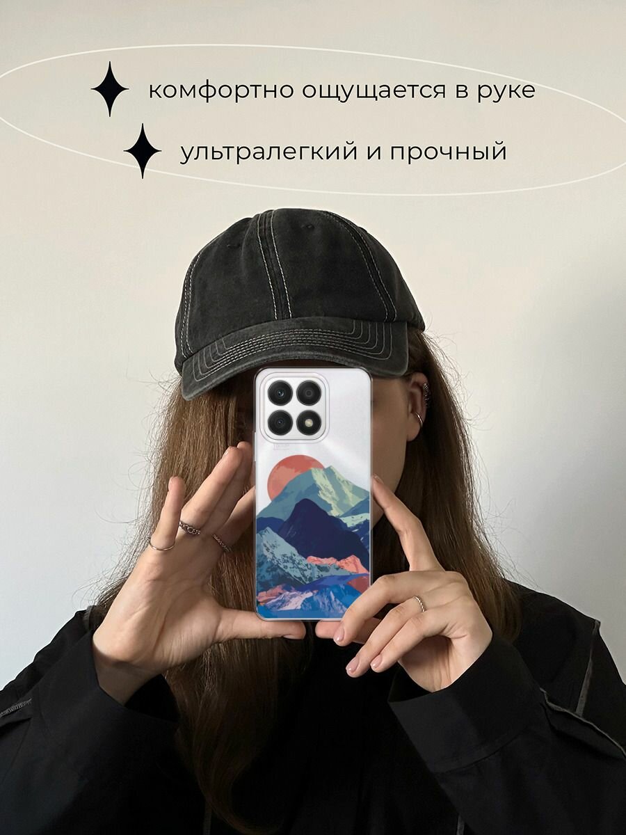 Чехол на Honor X8A / Хонор X8A с принтом "Закат в снежных горах", прозрачный — фото 1