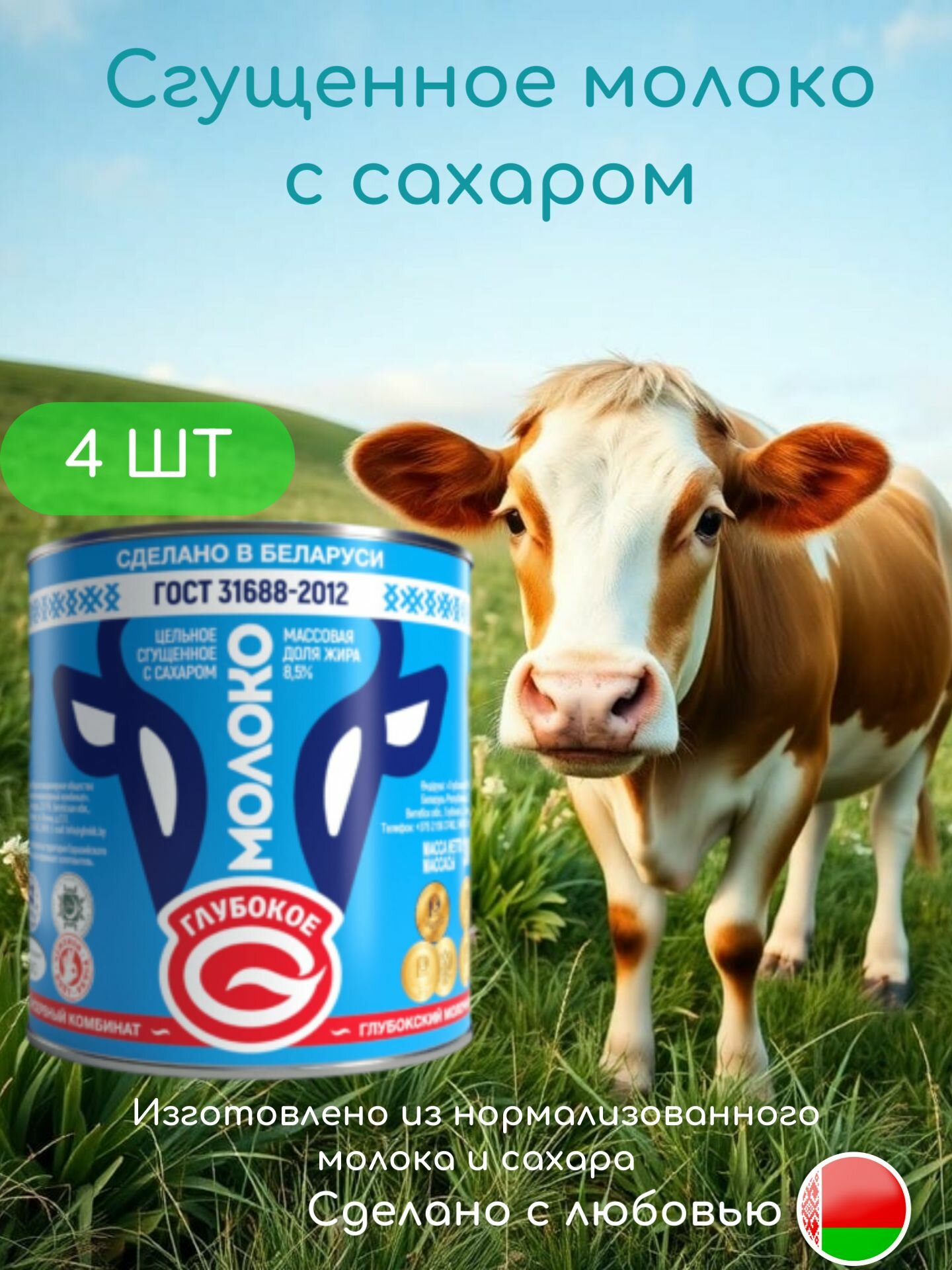 Молоко цельное сгущённое с сахаром 8,5% 380г 4 шт
