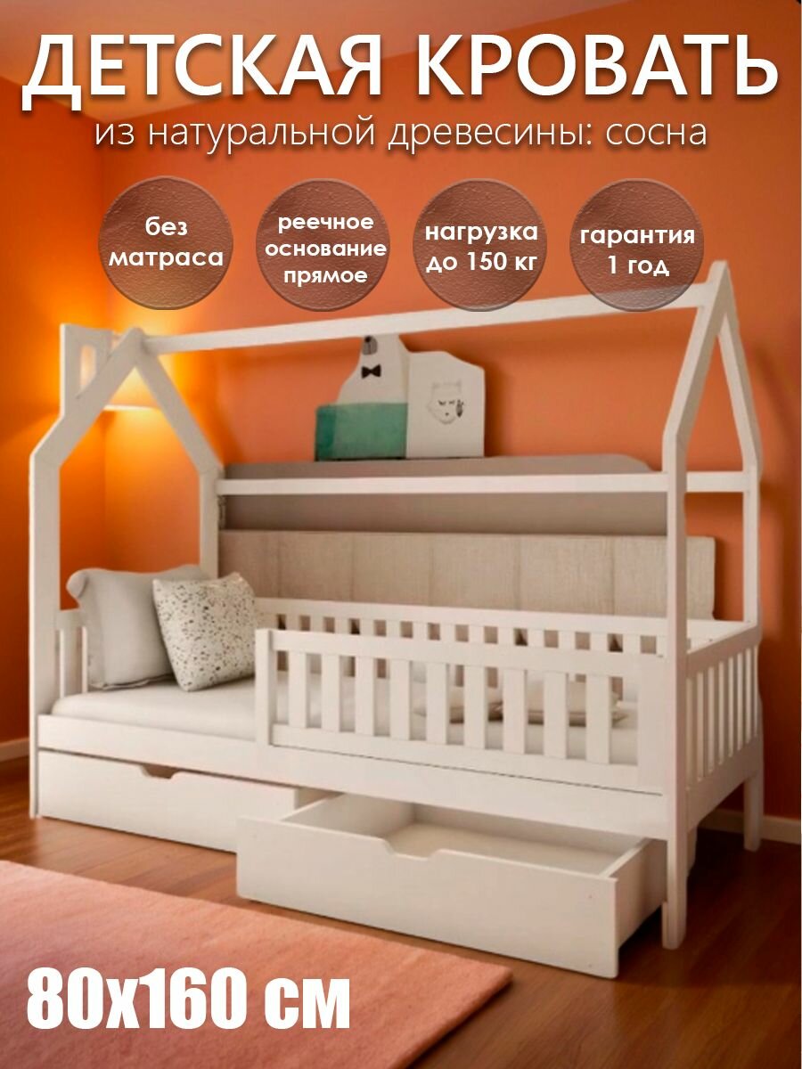 Детская кровать-домик Фея-1 из сосны с ящиками 80x160