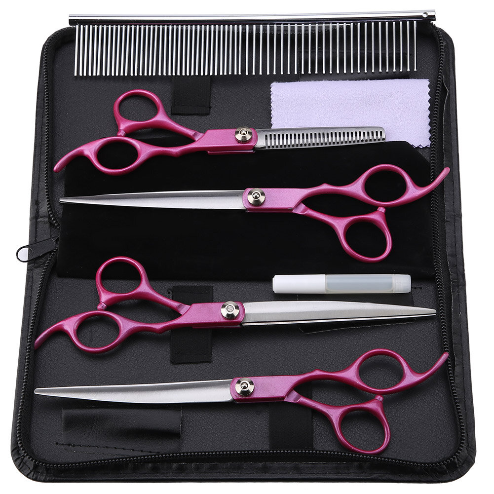 Pet Scissors, Grooming Rose Red Handle Scissors 4PCS 7” PU Leather Storage Bag for Pets Cat